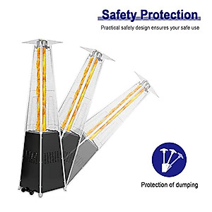 PIONOUS 48,000 BTU Glass flame tube Pyramid Patio Heater with Cover and Wheels for Deck, Commercial, Garden, Fishing - Black, 9 Set