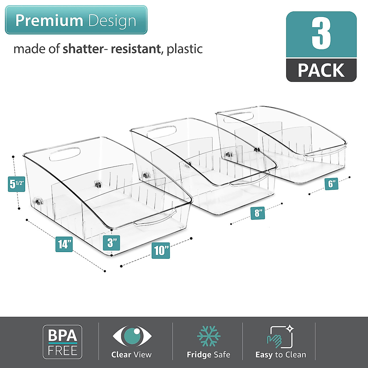 Sorbus Clear Fridge Organizer Bins & Curved Clear Rolling Bins Set - 6 Set with Egg Holder, Can Dispenser, and Varying Sizes - Curved 3 Piece Clear Storage Design with Handles, Dividers, and Wheels