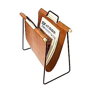 Magazine Rack, Wrought Iron Wood Newspaper Rack Home Debris Storage Rack Modern Floor Rack Study Leather Bookshelf Cafe Sofa Magazine Rack (Color : Brown, Size : 22 * 39 * 40cm)