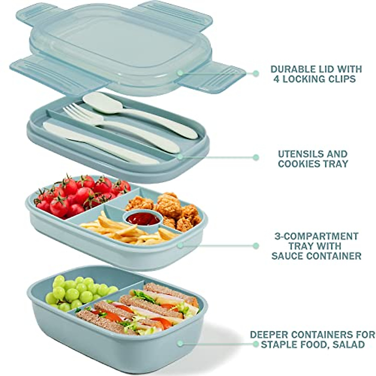 Puraville 3 Layers Stackable Bento Lunch Box for Kids and Adults, 1900ml Large capacity Lunch Box for Men and Women with Utensil Set, Leak Proof, BPA-Free, Microwave Dishwasher Safe - Light Blue