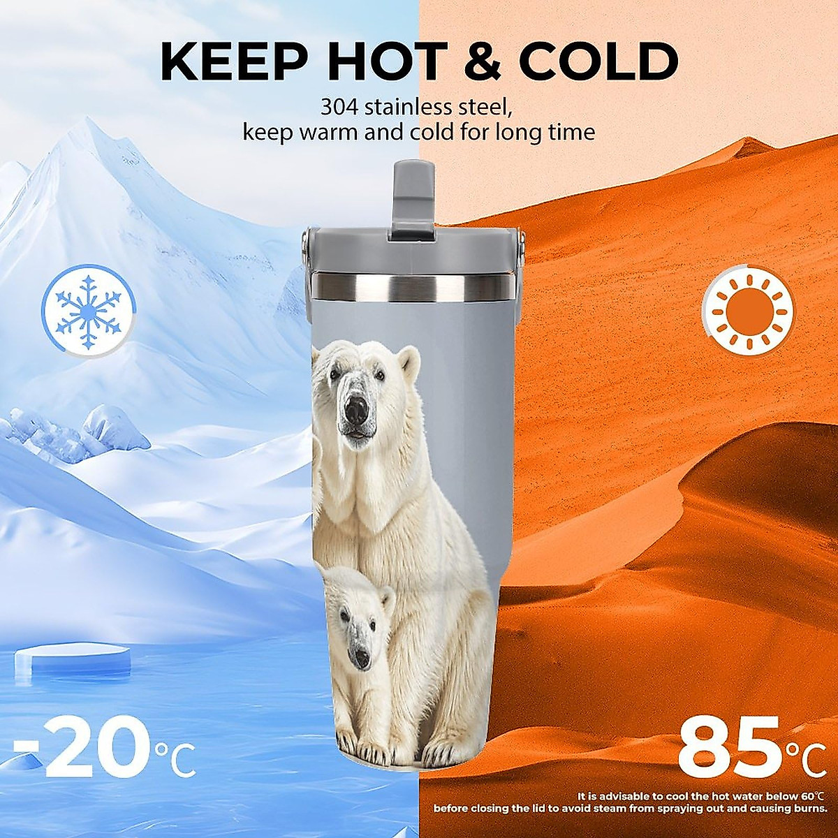 30oz Stainless Steel Insulated Tumbler with Flip Lid & Straw, Leakproof Travel Mug for Car, Polar Bear And Cub Double Wall Vacuum Thermal Coffee Cup with Handle, Spill-Proof Design for Hot/Cold Drinks