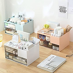 BiutiMama Desk Organizers and accessories with 2 Cosmetic Storage Drawers and 4 Compartments, Makeup Stationery Vanity Organizer, Desk Decor Aesthetic Multifunctional for Office, School, Home (White)