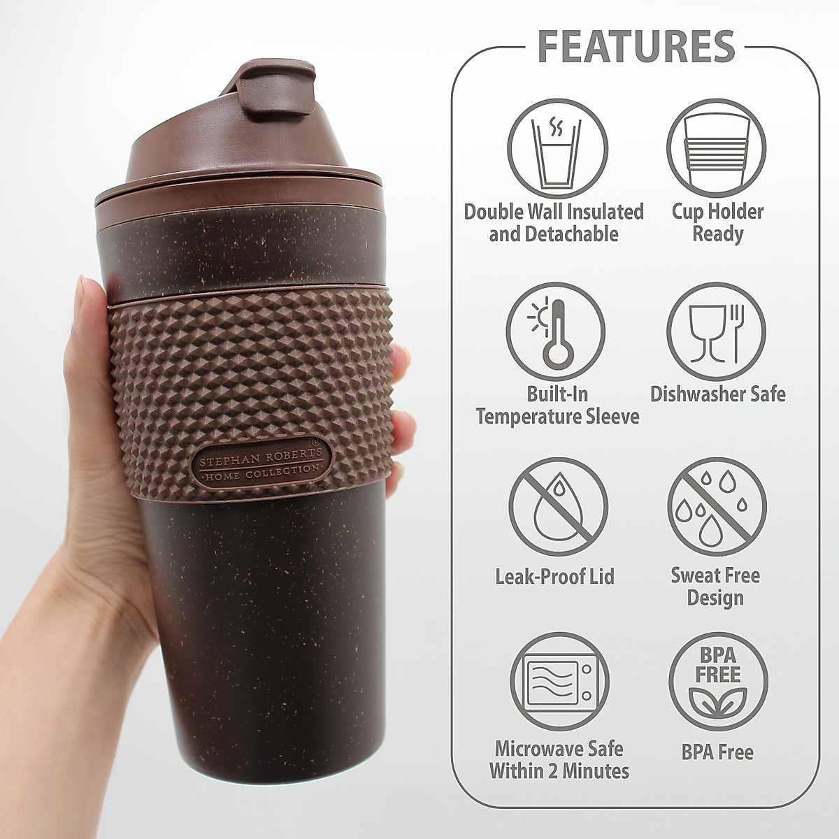 Stephan Roberts 16 oz Coffee Tumbler Set, 2 Pack, Made with Real Coffee Grounds, Detachable & Insulated Double Wall, Cup Holder Ready, Dishwasher and Microwave Safe, Leak Proof Lid, BPA Free, Brown