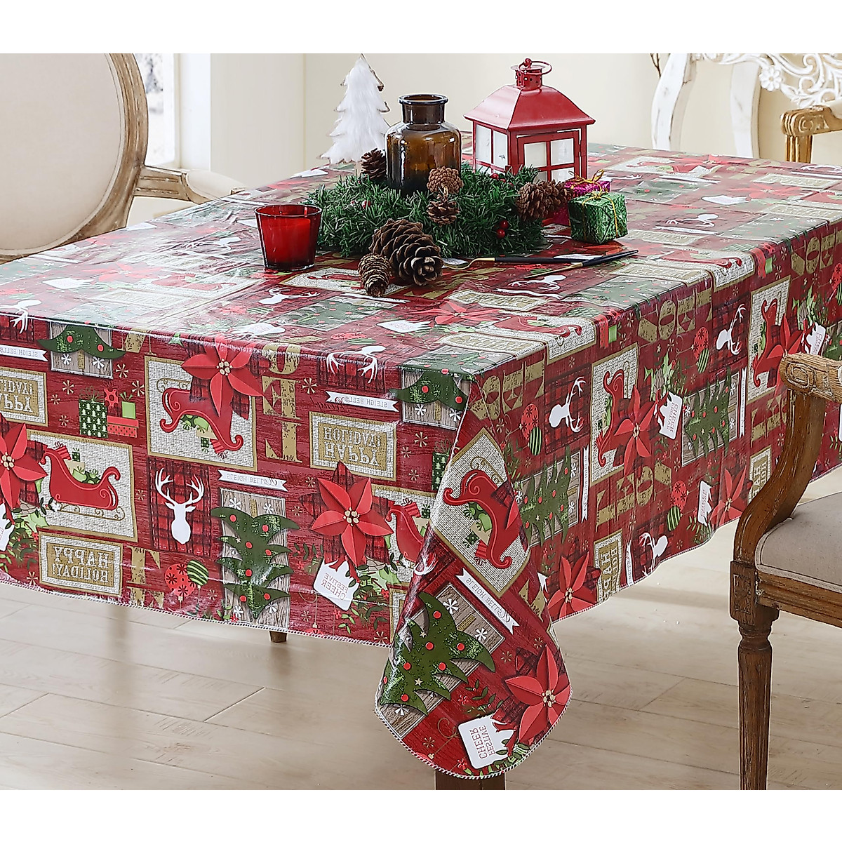 Newbridge Red Sleigh Bells Ring Country Rustic Vinyl Flannel Back Vinyl Christmas Tablecloth, Moose Antlers, Sleighs and Festive Xmas Wipe Clean Tablecloth, 52 Inch x 70 Inch Oblong/Rectangle