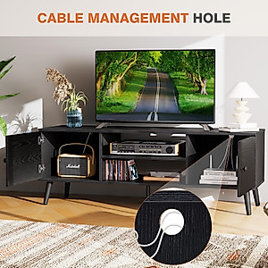 Sweetcrispy TV Stand for 55 60 inch TV, Modern Mid Century Entertainment Center with Storage, Media Console Table 2 Cabinet, Soft Hinge, Handle Door, Wooden Living Room, Office Furniture, Black