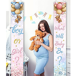 Gender Reveal Decoration-Baby Bear Boy or Girl Porch Sign Banner,Pink Blue Bear Balloon Baby Shower Door Hanging Banner for Boy Girl Gender Reveal Supplies