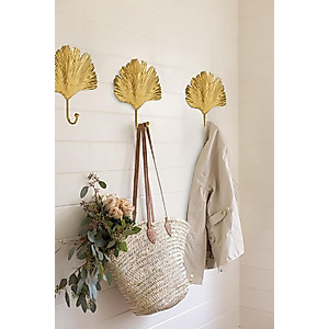 Towel Hook Brushed Gold Leave Shape Hook Brass Coat Robe Key Holder Decorative Hanger for Bathroom Kitchen Garage Wall Mounted (Pack of 3)