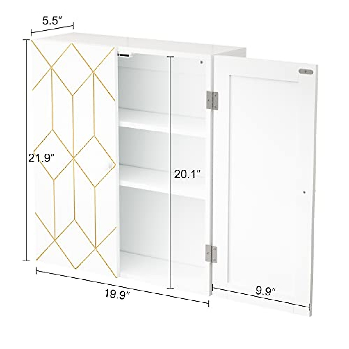AZODY Bathroom Cabinet with Gold Trim, Wall-Mounted Bathroom Cabinet Storage Cabinet with Adjustable Shelves and Side Hooks, Space Saver Medicine Cabinet for Livingroom, Laundry, Frameless White