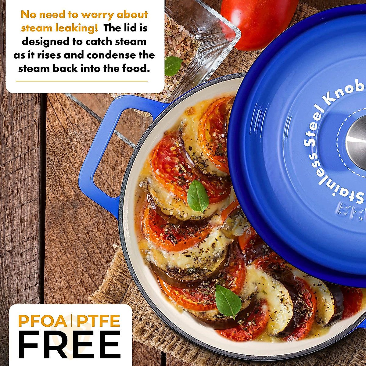 Bruntmor Pre-Seasoned 6.5 qt Enameled Cast Iron Round Dutch oven, 6.5 Quart Dutch Ovens Pot with Lid and Handle, Cast Iron Skillet, Heavy Duty Casserole Dish, Hand wash only, Duke Blue