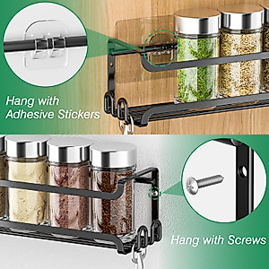 LUCYCAZ 4 Pack Wall Mounted Spice Rack with 16 Hooks, Spice Organizer for Cabinet Pantry Door,Screw or Adhesive Spice Shelf Hanging Wall Spice Rack in Kitchen and RV (Black)