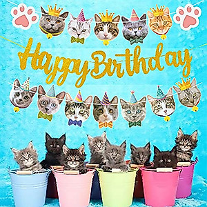 Cat Birthday Party Decoration Cat Faces Banner Gold Glitter Happy Birthday Banner for Meow Kitty Theme Birthday Party Baby Shower Supplies