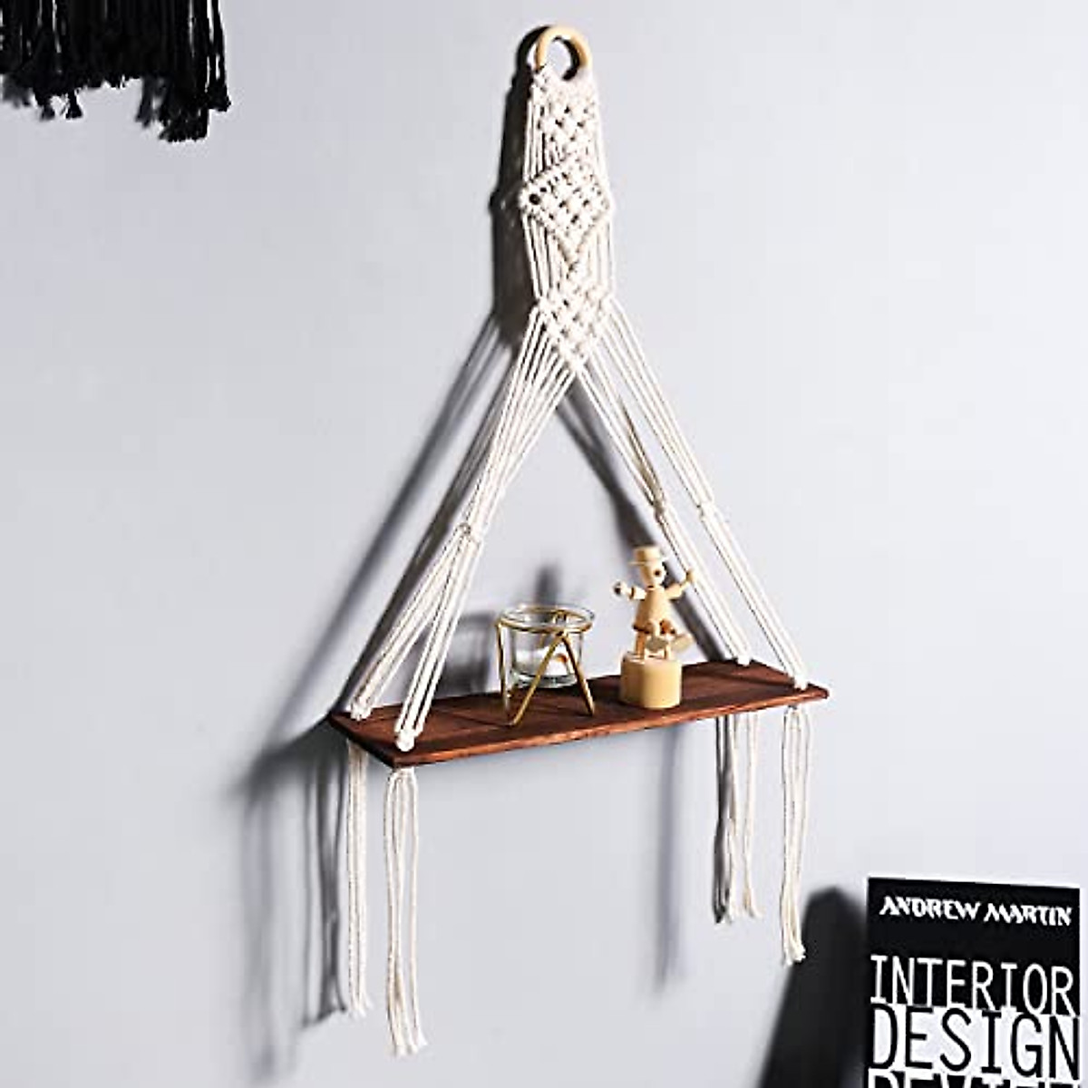 Macrame Wall Hanging Shelf, Rope Hanging Shelves for Wall, Bedroom Shelves,Boho Rustic Decor Cute 1 Tier Cotton Rope for Bedroom Bathroom Living Room
