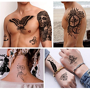 Yazhiji 32 Sheets Temporary Tattoos Stickers, 8 Sheets Fake Body Arm Chest Shoulder Tattoos for Men Women with 24 Sheets Tiny Black Temporary Tattoos