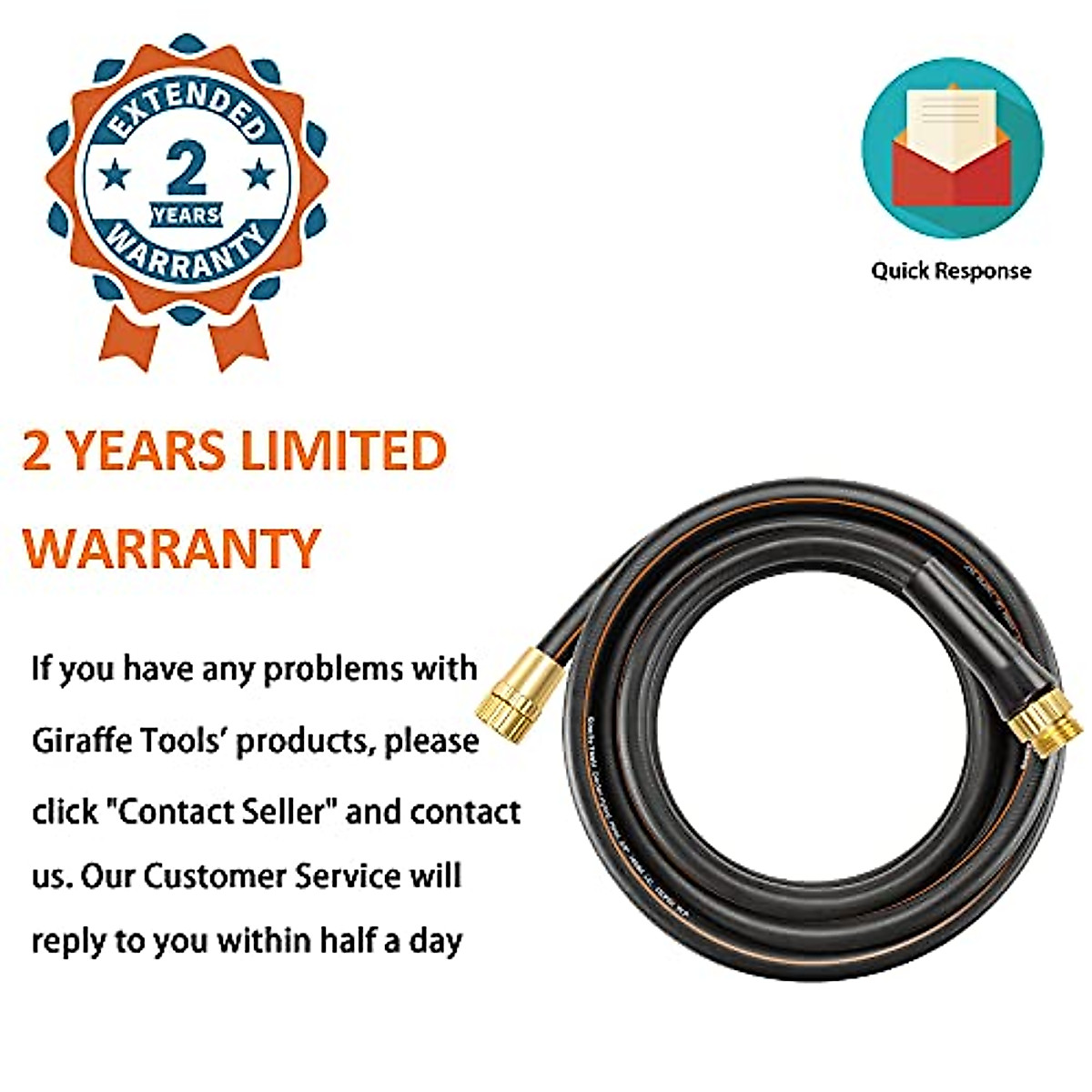 Giraffe Tools Garden Hose 25 ft, Heavy Duty Black Garden Hose 5/8 in, Rubber Water Hose, No-Kink, Leakroof Gardening Hose with Male to Female Fittings, Black and Orange
