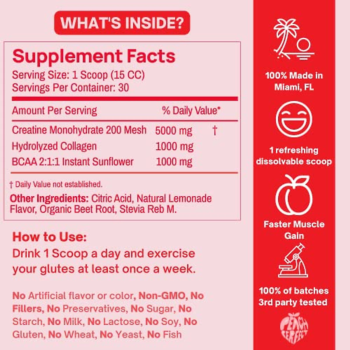 Peach Perfect Creatine for Women Booty Gain, Muscle Builder, Energy Boost, Pink Lemonade, Cognition Aid | Collagen, BCAA, lean muscle, Creatine Monohydrate Micronized Powder, Alt Creapure, 30 Servings