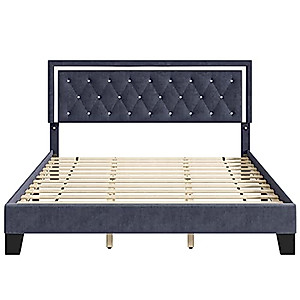HITHOS King Bed Frame, Upholstered Platform Bed Frame with Modern Adjustable Headboard, Diamond Tufted Mattress Foundation with Wooden Slat Support, No Box Spring Needed, Easy Assembly (King, Gray)