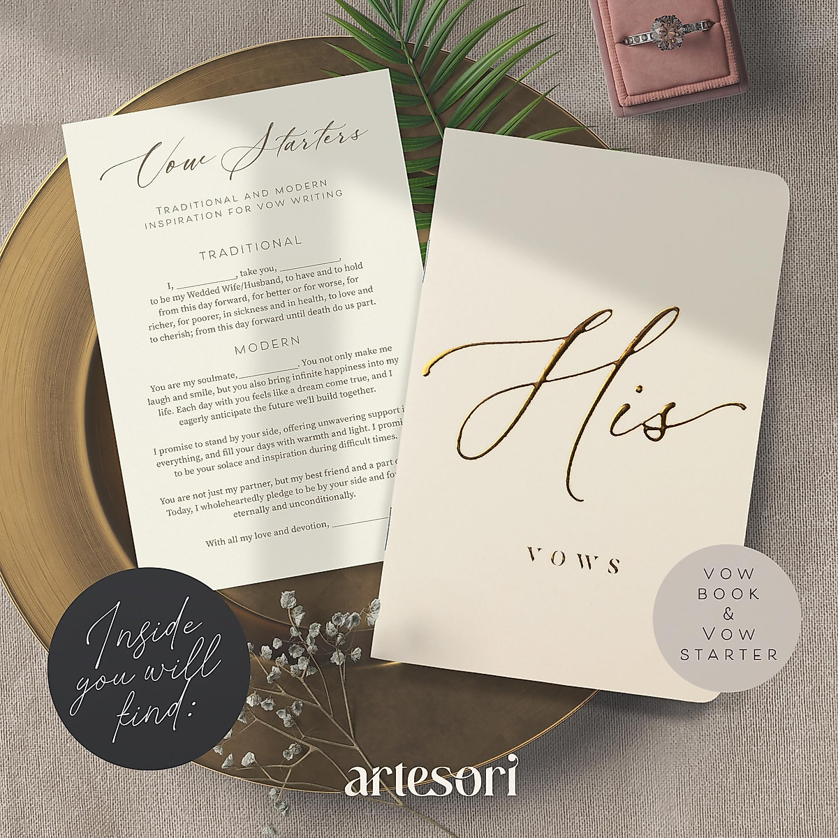 ARTESORI Wedding Vow Book for Her, Soft Touch, Gold Foil Engraving & 28 Lined Pages - Wedding Vow Books His and Hers, Wedding Essentials, Wedding Registry Ideas - Wedding Day Gifts, Bride Book [Ivory]