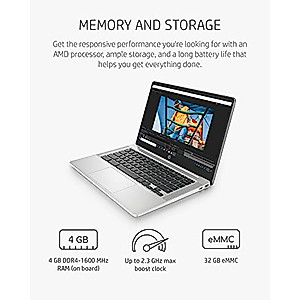 HP Chromebook 14a Laptop, AMD 3015Ce Processor, 4 GB RAM, 32 GB eMMC Storage, 14-inch Micro-Edge HD Display, Google Chrome OS, Anti-glare Screen, Long-Battery Life (14a-nd0010nr, 2021, Mineral Silver)