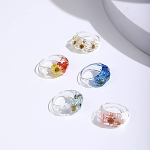 Chunky Acrylic Dried Flower Resin Rings Set Transparent Aesthetic Wide Thick Knuckle Stacking Ring for Women Colorful Beach Colorful Boho Jewelry-5pcs