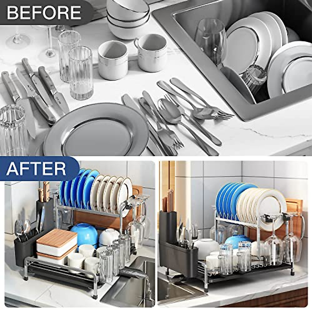 Dish Drying Rack, Aluminum 2-tier Multifunctional 7-in-1 Dish Racks for Kitchen Counter with Drainboard, Rustproof Detachable Large Capacity Dish Drainer with Wine Glass Holder, Utensil&knife Holder