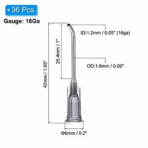 PATIKIL 16Ga x 1 Inch Dispensing Needle Tips, 36Pcs Stainless Steel 45 Degrees Pre Bent Glue Needle Tube Blunt Tips with Luer Lock for Glue Oil Applicator, Grey