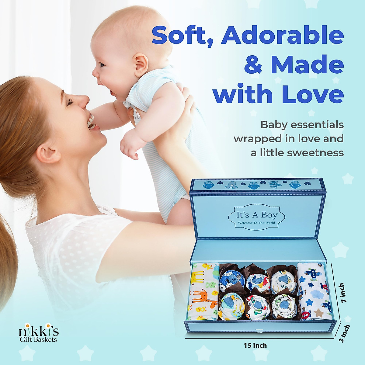 Unique Cupcake Baby Boy Gift Set | Baby Boy Newborn Essentials | Baby Clothes for Boys | Newborn Boy Outfits for Expecting Moms and Gender Reveals | Baby Layette Set - Blue | Nikki's Gift Baskets