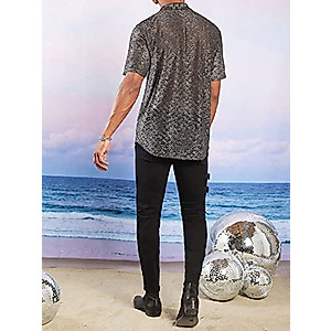 WDIRARA Men's Contrast Glitter Button Front Shirt Stand Collar Shirt Short Sleeve Tops Black XL