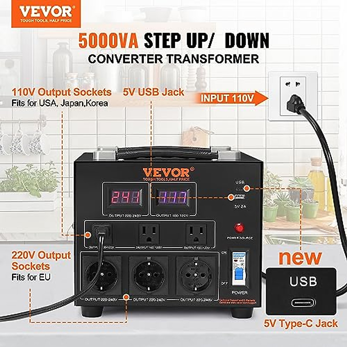 VEVOR Voltage Converter Transformer, 5000W, Heavy Duty Step Up/Down Transformer, Convert from 110 Volt to 220 Volt and from 220 Volt to 110 Volt, with US Outlet EU Outlet 5V USB Port, CE Certified