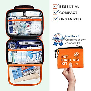 ARCA PET Cat & Dog First Aid Kit Home Office Travel Car Emergency Kit Pet Travel Kit – 100 Pieces with Emergency Collar and Pet Thermometer & Mini Pouch (Neon Orange)