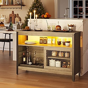 Bestier LED Buffet Sideboard, Farmhouse Storage Cabinet with Sliding Door, Open Compartment, Wood Coffee Bar Wine Bar with Adjustable Shelves - Grey