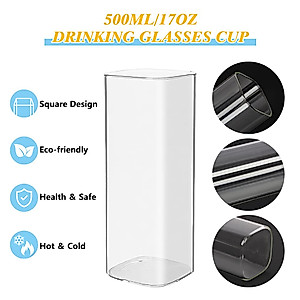 UHAPEER 6 Pack Square Drinking Glasses with Straws, 500ml/17oz Lead-Free Crystal Clear Glass Bar Glassware Glasses Tumblers, Thin Highball Glasses Drinking Cups for Coffee Tea Beer Cocktail Smoothie