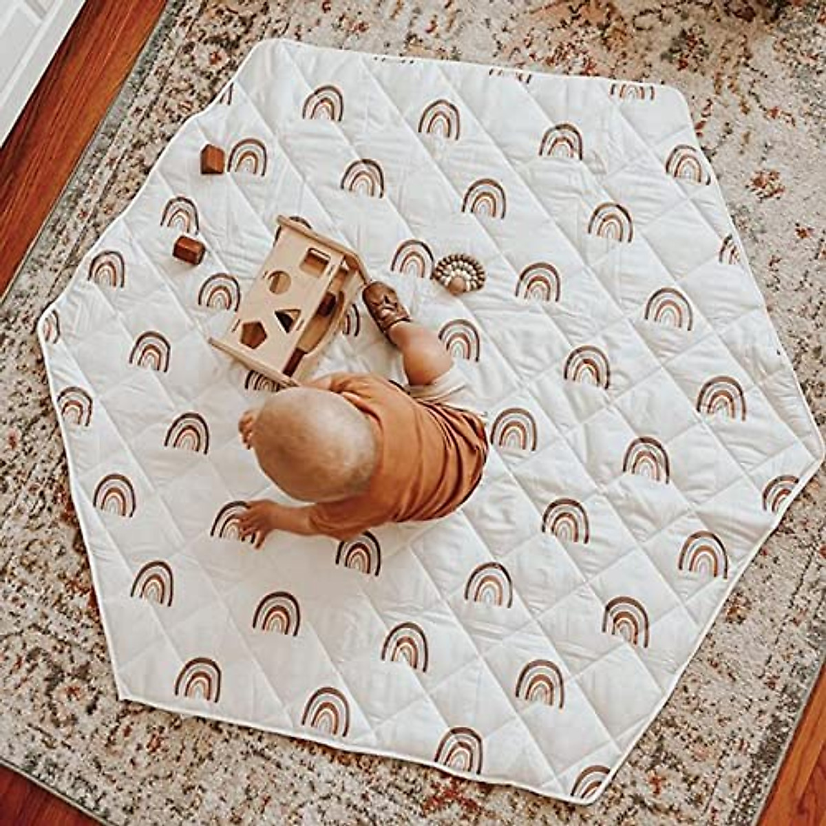 Hexagon Playpen Mat, Baby Floor Mat Fits Regalo Play Yard 6 Panel Playpen and Hiccapop PlayPod, Portable Playpen Mattress,Non Slip, Baby Essentials, Rainbow