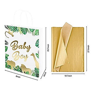 Ocean Line Baby Shower Paper Gift Bags for Boy with Tissue Papers - 12 Pack Kraft Safari Jungle Animals Baby Boy Bags with Gold Wrapping Papers, Size 8" L x 4" W x 10" H