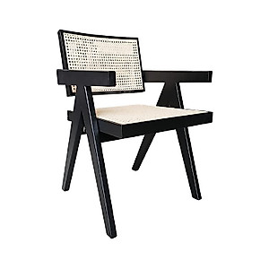 First of a Kind Rattan Cane Dining Chair - Mid-Century Modern Chairs with Mesh Back - Comfy Side Chair with Arms for Dining Room – Farmhouse Wooden Frame Accent Chair for Kitchen - Black