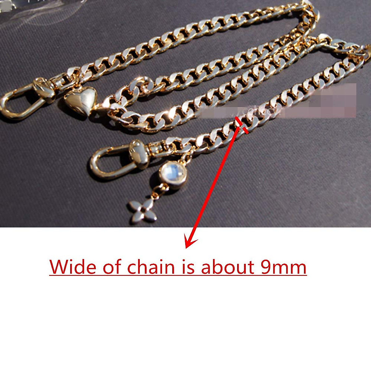 Peach Heart + Cross + Gemstone Type Metal Gold Chain Strap for Handle Shoulder Cross Body Bag Handbag Purse Replacement (47")