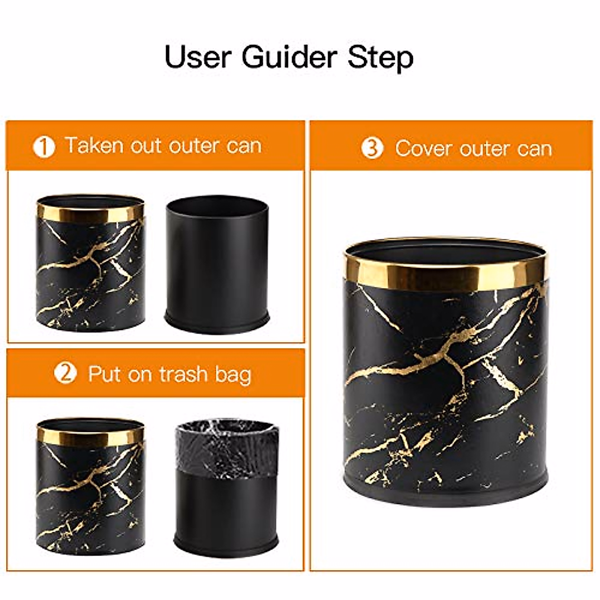 Huaqinglian 2.6Gallon Small Office Trash Can,Bathroom Garbage can,Bedroom Waste Basket Bin Garbage Bag Invisable Trash Bin for Living Room (Black Gold Marble)