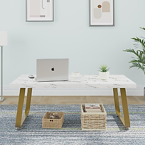 HSH White Marble Coffee Table, Modern Faux Marble Living Room Table, Wood and Metal Legs Center Table, Fashion Rectangular Tea Table for Office Minimalist Cocktail Table, White Marble and Gold, 47 in
