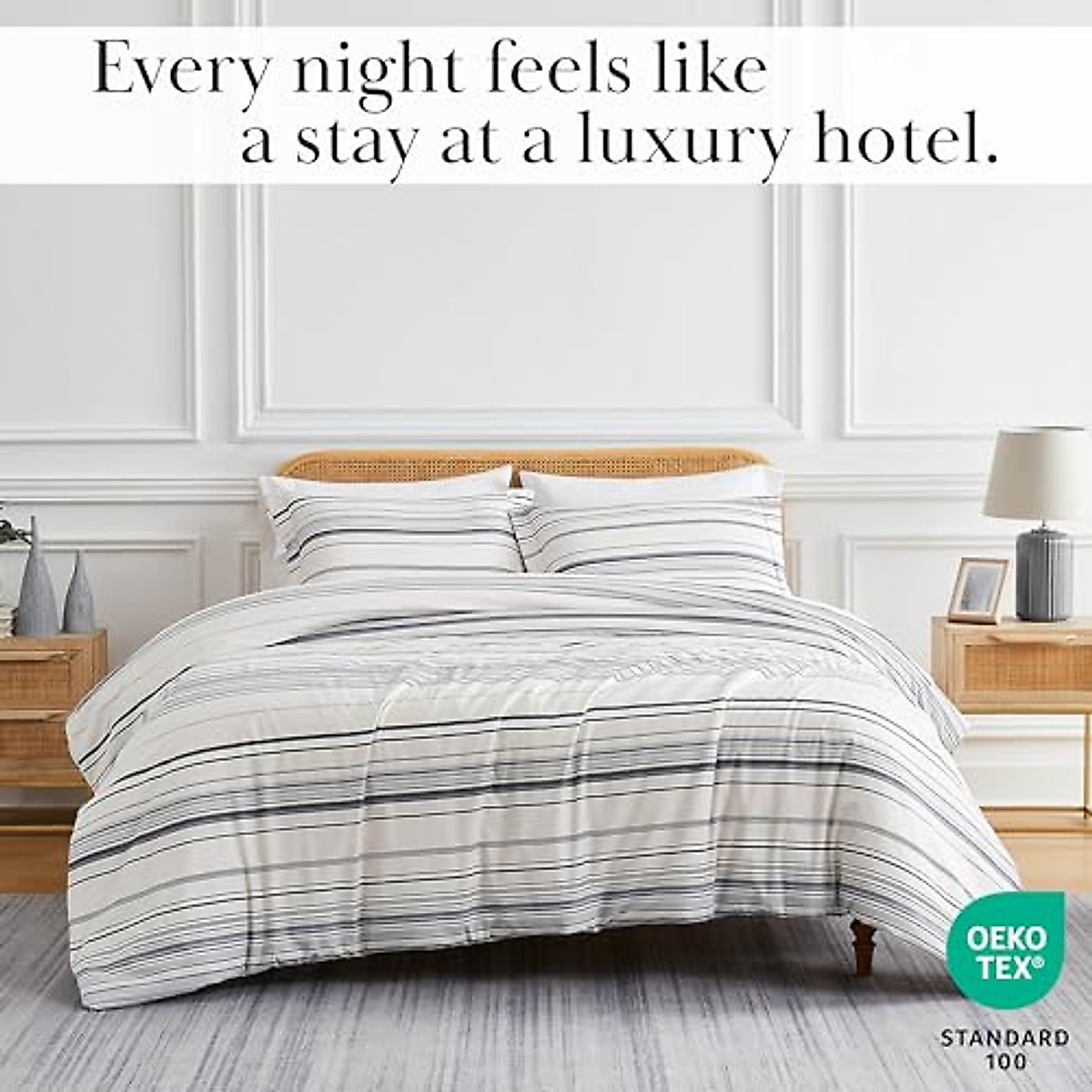 Southshore Fine Living, Inc. 3-Piece King Size Comforter Set, Down Alternative Grey Striped Comforter with Matching Shams, Coverlet Bedspread for California/King Bed, Coastal Stripes Grey