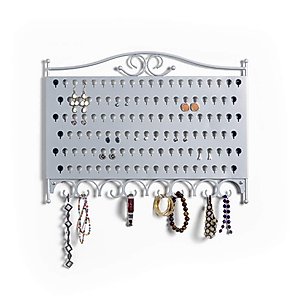 Mango Steam Wall Mounted Closet/Wardrobe Display Hanger Organizer for Jewelry & Earrings With Hooks for Necklaces, Bracelets, Accessories - Silver
