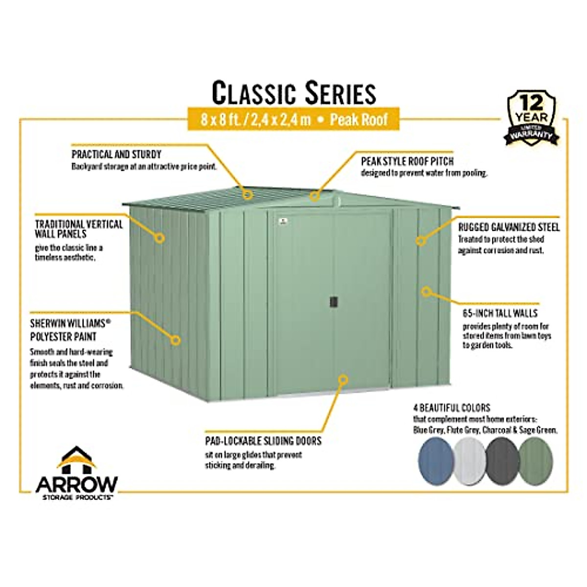 Arrow Classic Steel Storage Shed, 8x8, Charcoal
