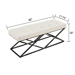 24KF Upholstered Tufted Long Bed Bench with Metal Frame Base, Linen Fabric Entryway Bench and Dining Bench- Ivory