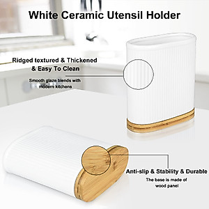Ceramic Utensil Holder- Large Kitchen Utensil Holder with Bamboo Wooden Base- Utensil Crock for Countertop- White Ceramic Cooking Utensil Organizer for Kitchen Counter Decor, Farmhouse, Spatula