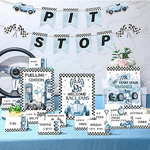 Sonwyoung 19 Pcs Race Car Birthday Party Decorations Boys Two Fast Vintage Birthday Party Decor 2 Fast Dusty Blue Black Wheel Checkered Party Supplies for Baby Shower Race Car Fast One Party