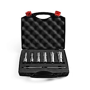 Annular Cutter Set Carbide 8pcs JESTUOUS 3/4 Inch Weldon Shank 1-3/8 Cutting Depth and Cutting Diameter from 1/2 to 1-1/16 Two Flat TCT Bit for Drill Press with 2 Pilot Pins