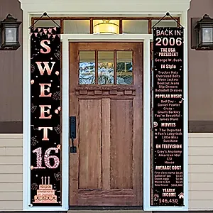 Pimvimcim 16th Birthday Banner Party Decorations for Girls, Sweet 16 Back in 2006 Banner Porch Sign Supplies, Rose Gold Happy 16 Birthday Sign Decor for Indoor Outdoor
