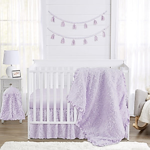 Sweet Jojo Designs Purple Floral Rose Baby Girl Nursery Crib Bedding Set - 4 Pieces - Solid Light Lavender Flower Luxurious Elegant Princess Vintage Boho Shabby Chic Luxury Glam High End Ruffle Roses