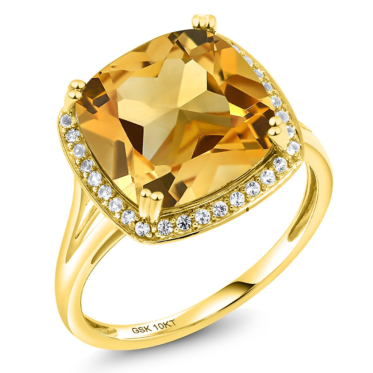 Gem Stone King 10K Yellow Gold Yellow Citrine & White Created Sapphire Ring For Women | 6.09 Cttw | Cushion Cut 12MM | Gemstone Birthstone | Ring Size 5-9