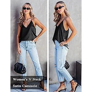 Ekouaer Womens Satin Tank Tops 2 Pack Silky Camisole V Neck Spaghetti Strap Blouses Sleeveless Cami Shirt White/Black X-Large