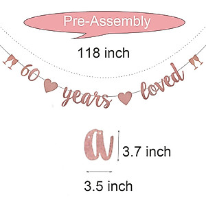 WEIANDBO 60 Years Loved Rose Gold Glitter Banner,Pre-Strung,60th Birthday