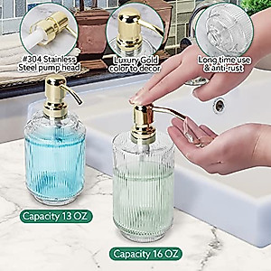 Bathroom Accessory Set,5 PCS Modern Premium Clear Glass Bath Accessories,Set of 2 Lotion Soap Dispenser,Toothbrush Holder,Qtip Holder & Acacia Wooden Tray,Gift for Home Decor & Countertop Organizer